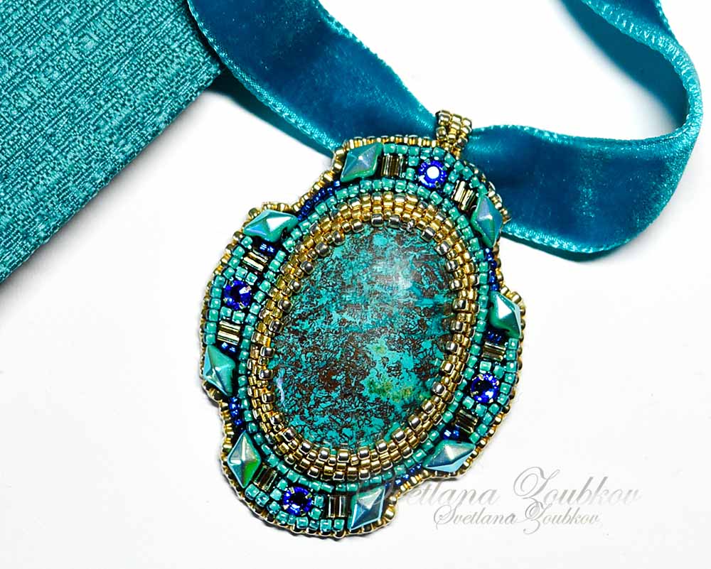 Turquoise Gold Pendant Bead Embroidery - Svetlana.Gallery