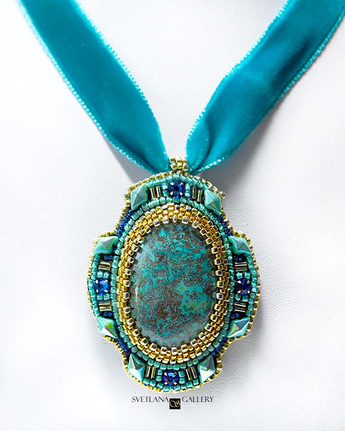 Turquoise Gold Pendant Bead Embroidery - Svetlana.Gallery